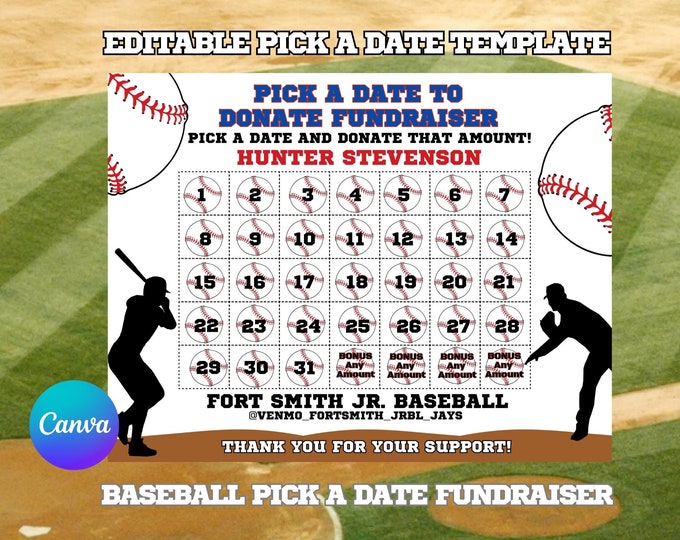 Editable Baseball Calendar Fundraiser, Pick a Date to Donate Printable ...