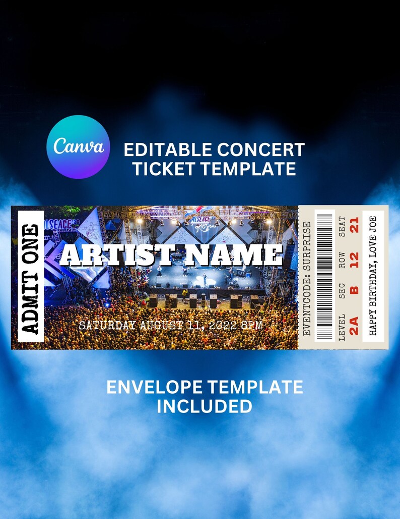 Surprise Concert Ticket Template, Editable Event Gift (digital Download ...