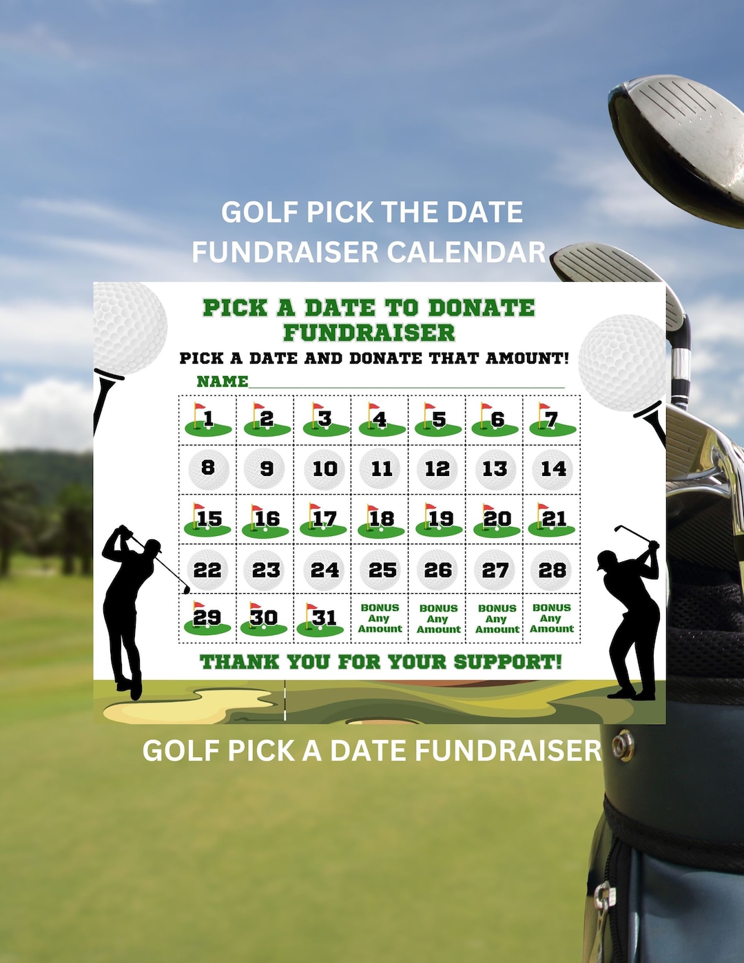 Golf Calendar Fundraiser, Pick a Date to Donate Printable, Golf ...