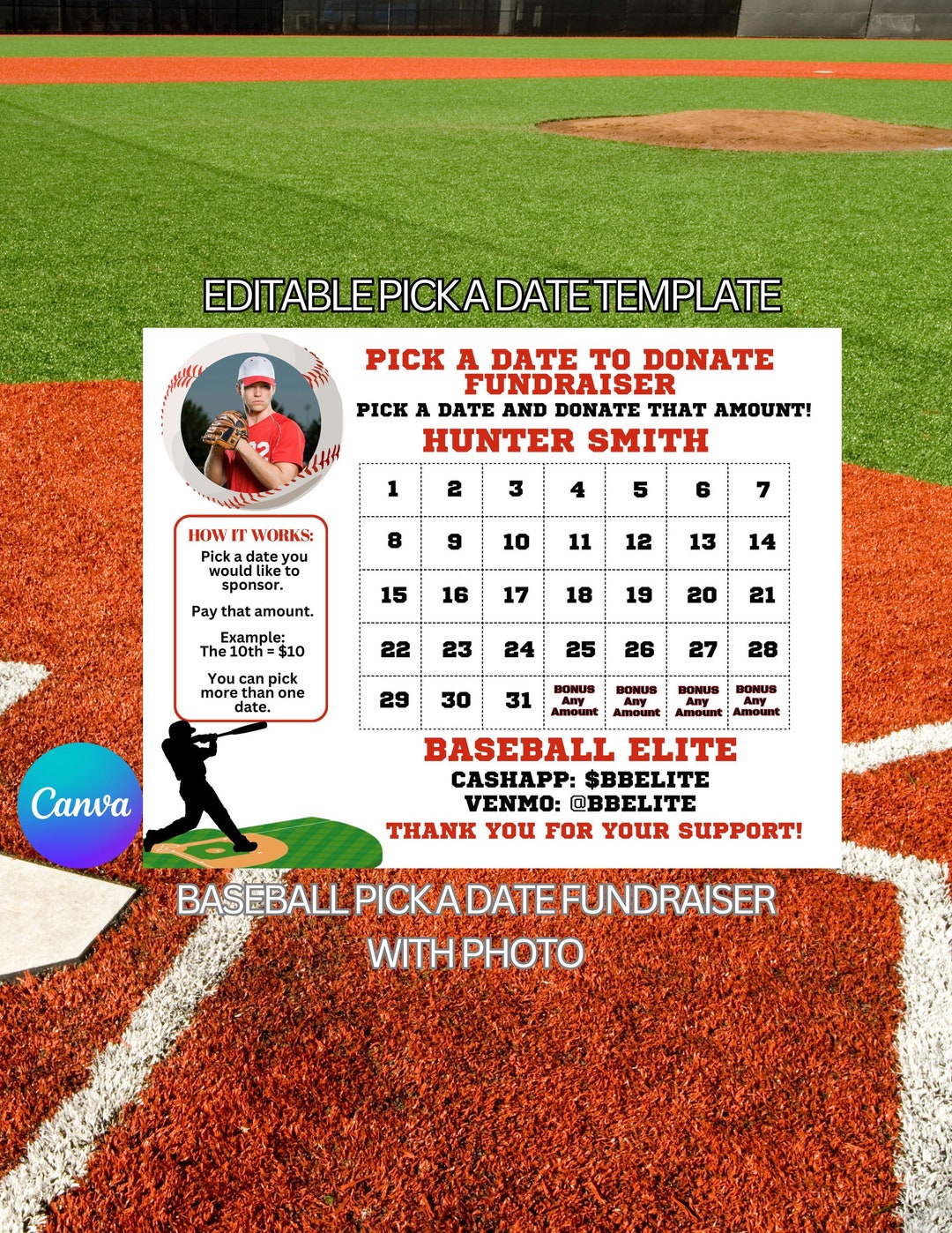 Baseball Calendar Fundraiser, Pick a Date to Donate Printable, Editable ...