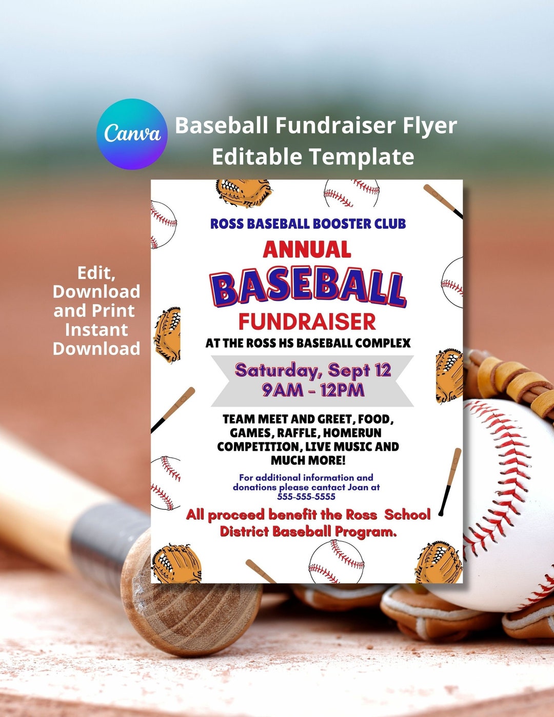 Baseball Fundraiser, Baseball Fundraiser Flyer, Editable Flyer Template ...