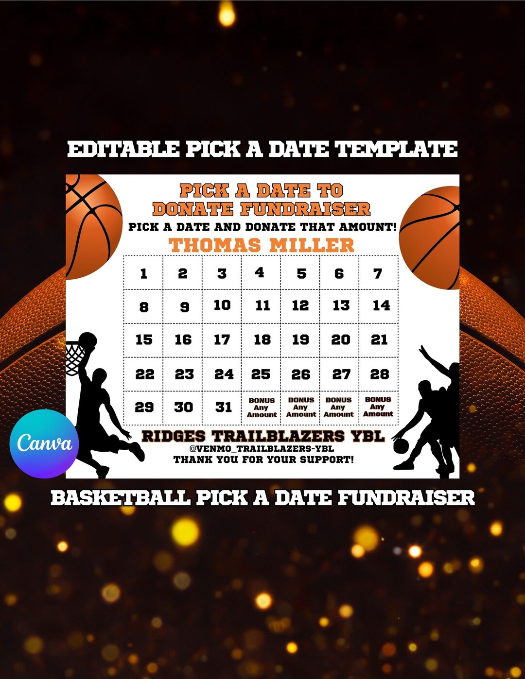 Editable Basketball Calendar Fundraiser, Pick a Date Printable (canva ...