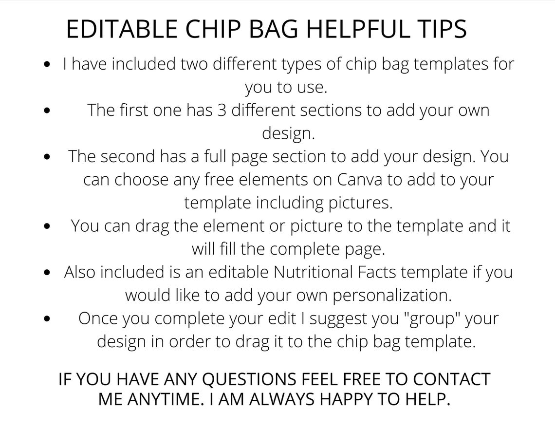 Chip Bag Template Editable Chip Bag Template Blank Chip Bag - Etsy