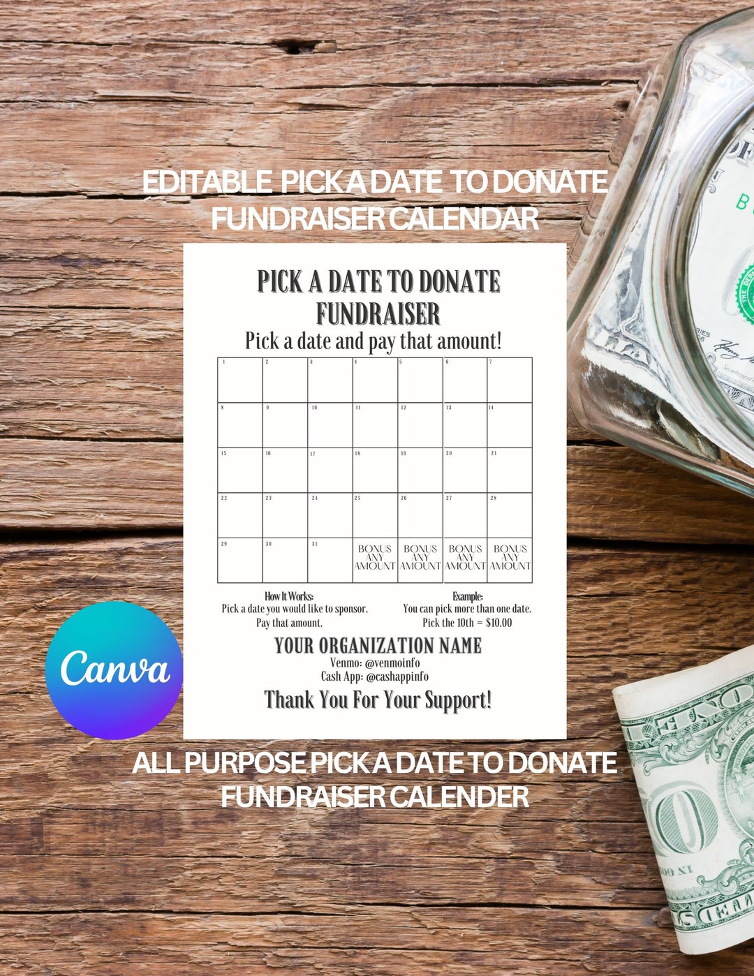 Editable All Purpose Fundraiser Calendar, Pick a Date to Donate ...