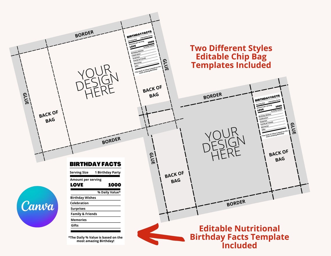 Chip Bag Template, Editable Chip Bag Template, Blank Chip Bag Template ...