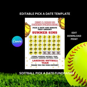 Editable Softball Calendar Fundraiser, Pick a Date to Donate Printable ...