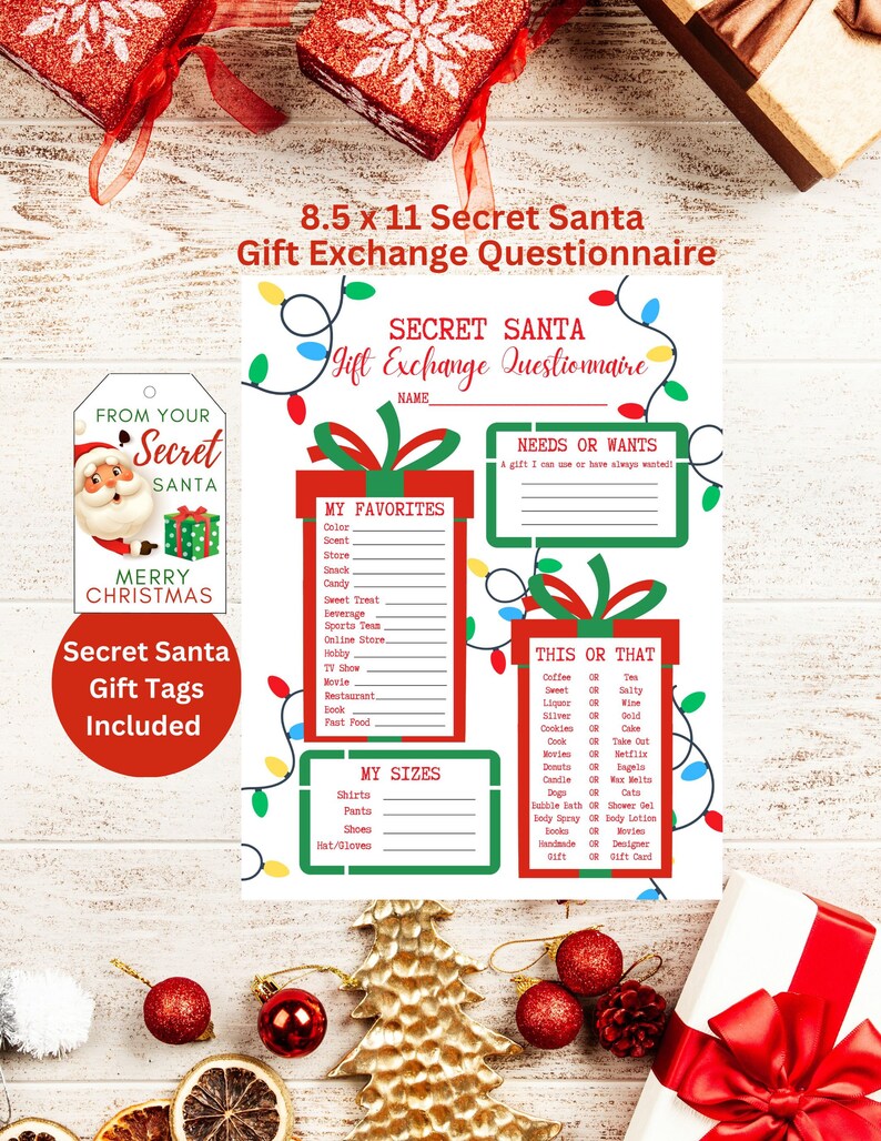 Printable Secret Santa Questionnaire, Gift Exchange Form, Tags (digital ...