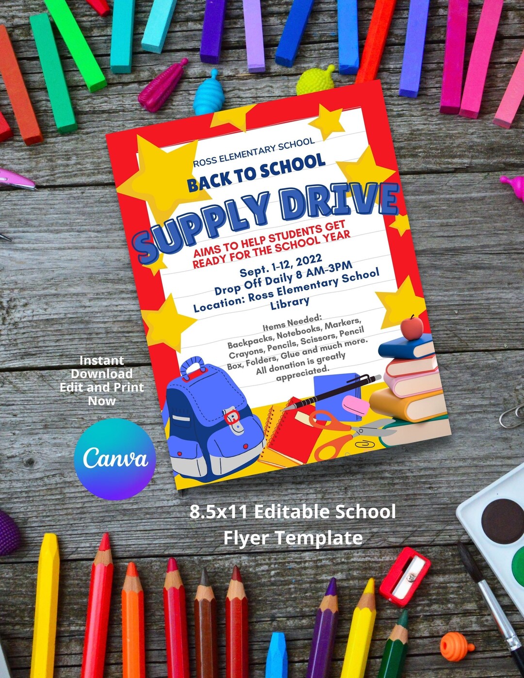 Back to School Flyer, School Supply Drive Flyer, Editable School Supply ...