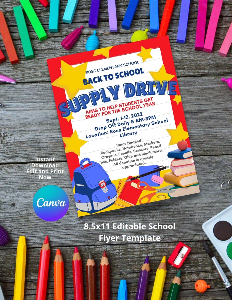 Editable School Supply Drive Flyer Template (8.5x11) (canva) - Etsy