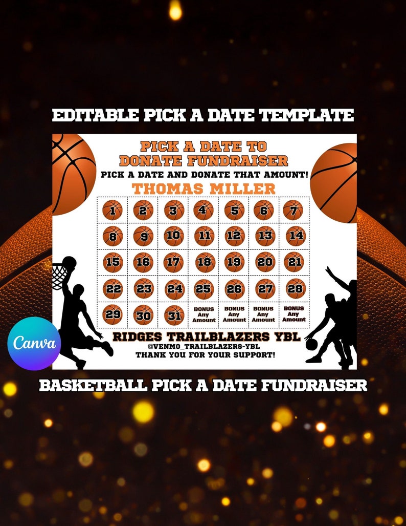 Editable Basketball Calendar Fundraiser, Pick a Date Printable (canva ...