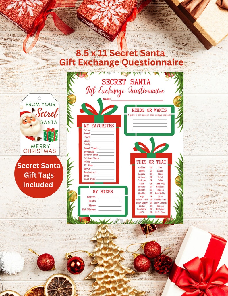 Secret Santa Questionnaire Printable, Gift Exchange Form, Tags (digital ...