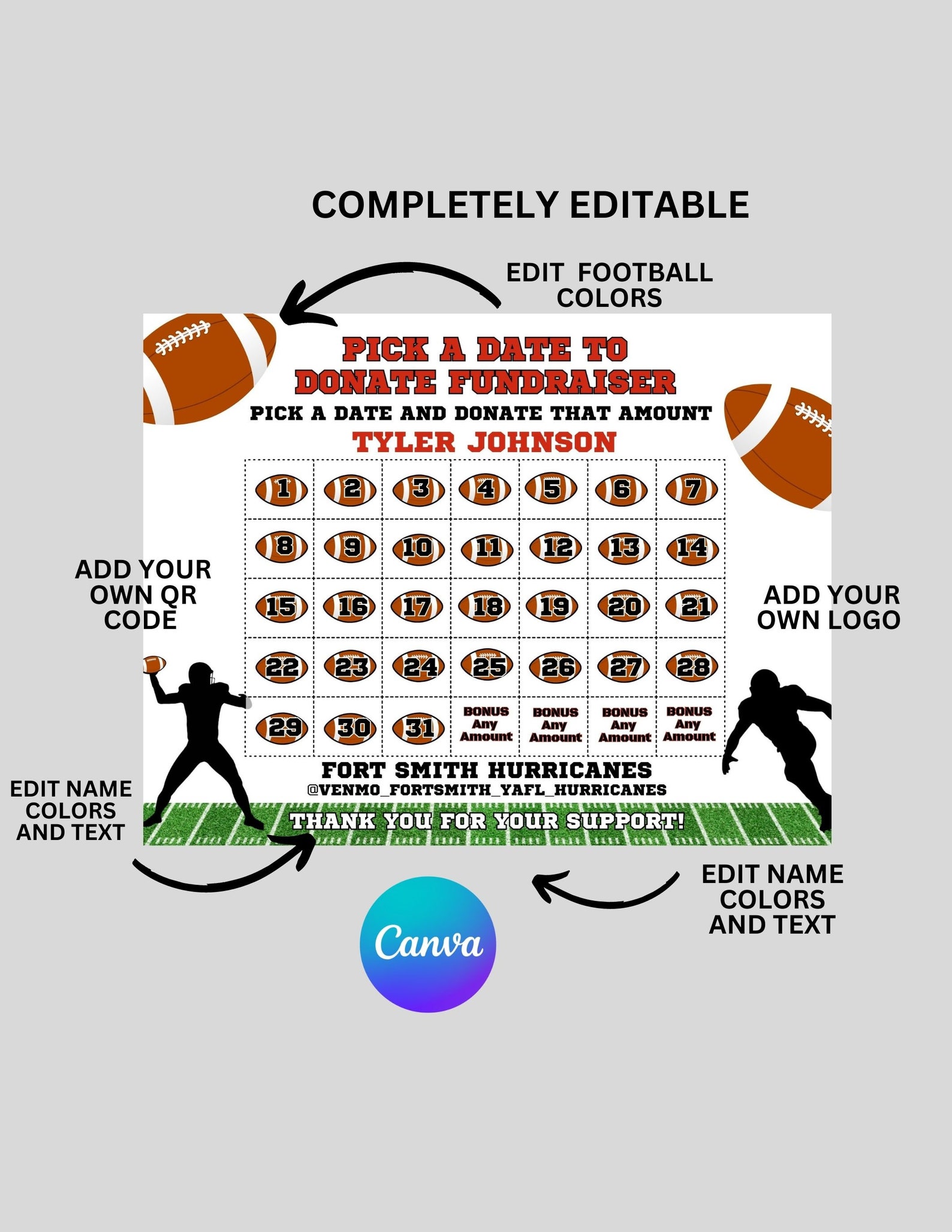 Editable Football Calendar Fundraiser Pick a Date to Donate - Etsy