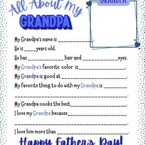 All About Grandpa, Fathers Day Gift, All About My Grandpa Printable ...