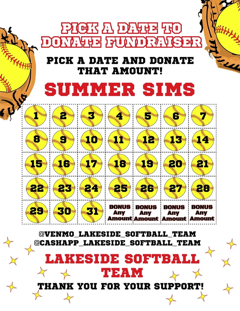 Editable Softball Calendar Fundraiser Pick a Date to Donate - Etsy