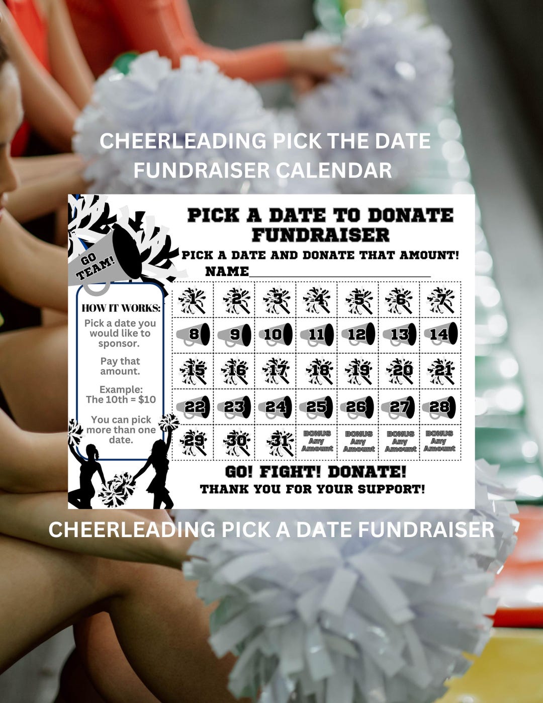 Cheerleading Calendar Fundraiser, Pick a Date to Donate Printable ...