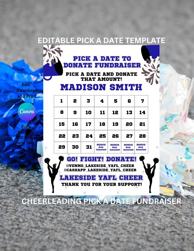 Editable Cheerleading Calendar Fundraiser, Pick a Date Printable ...