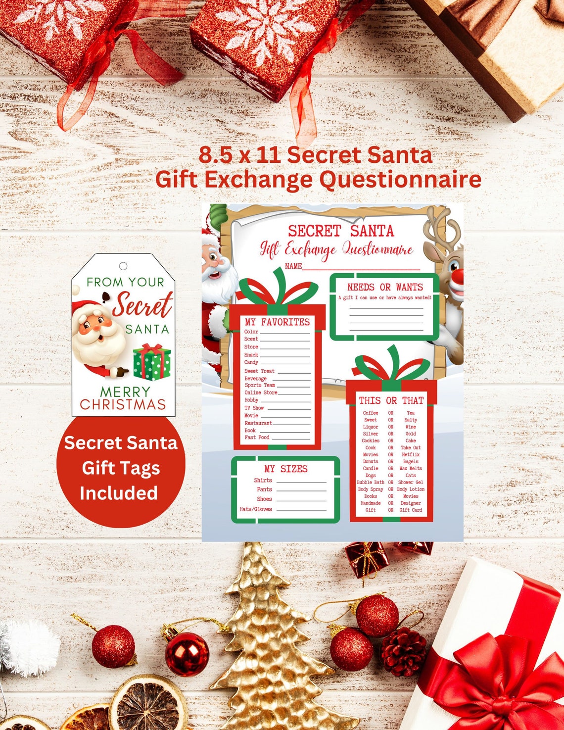 Secret Santa Questionnaire Printable, Gift Exchange Form, Tags (digital ...