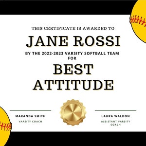 Softball Award Certificate, End of Season Softball Award, Editable ...