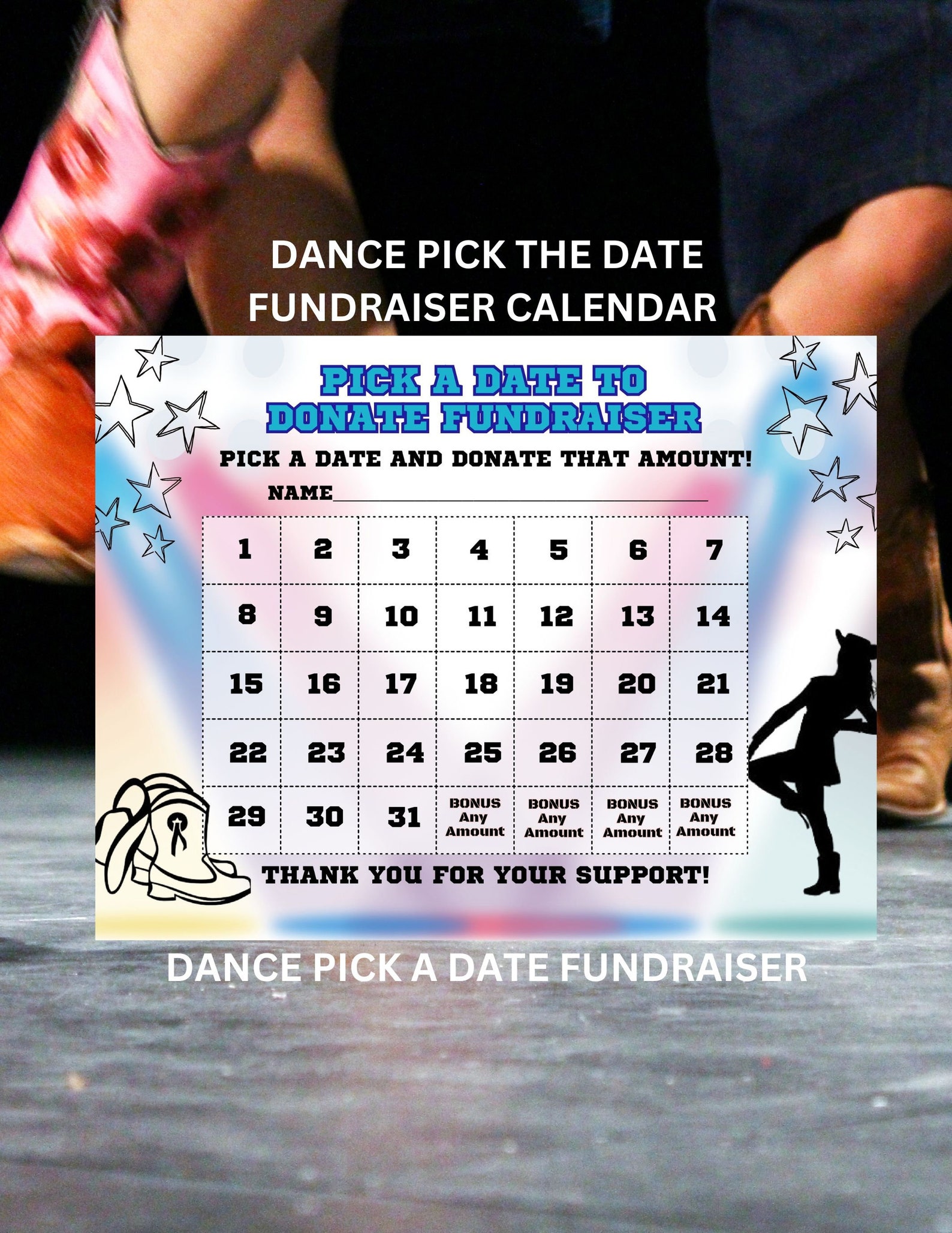Dance Calendar Fundraiser, Pick a Date to Donate Printable, Dance ...