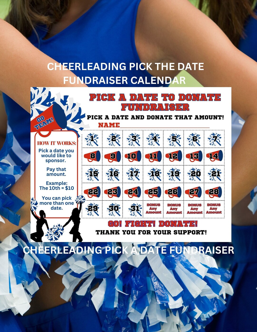 Cheerleading Calendar Fundraiser, Pick a Date to Donate Printable ...