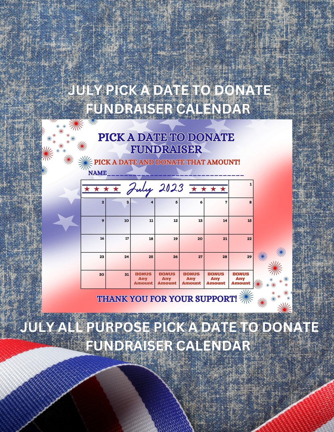 July Pick A Date Fundraiser, Pick a Date to Donate Printable, July ...