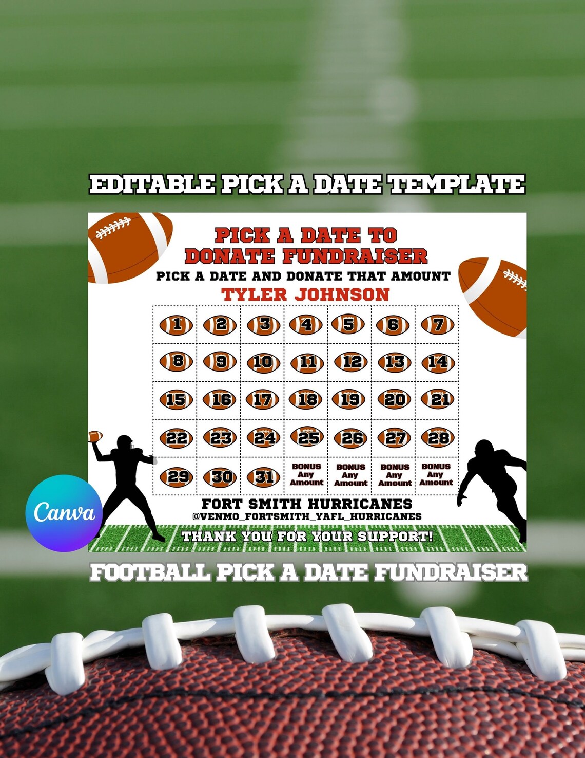 Editable Football Fundraiser Calendar, Pick a Date to Donate, Sponsor ...