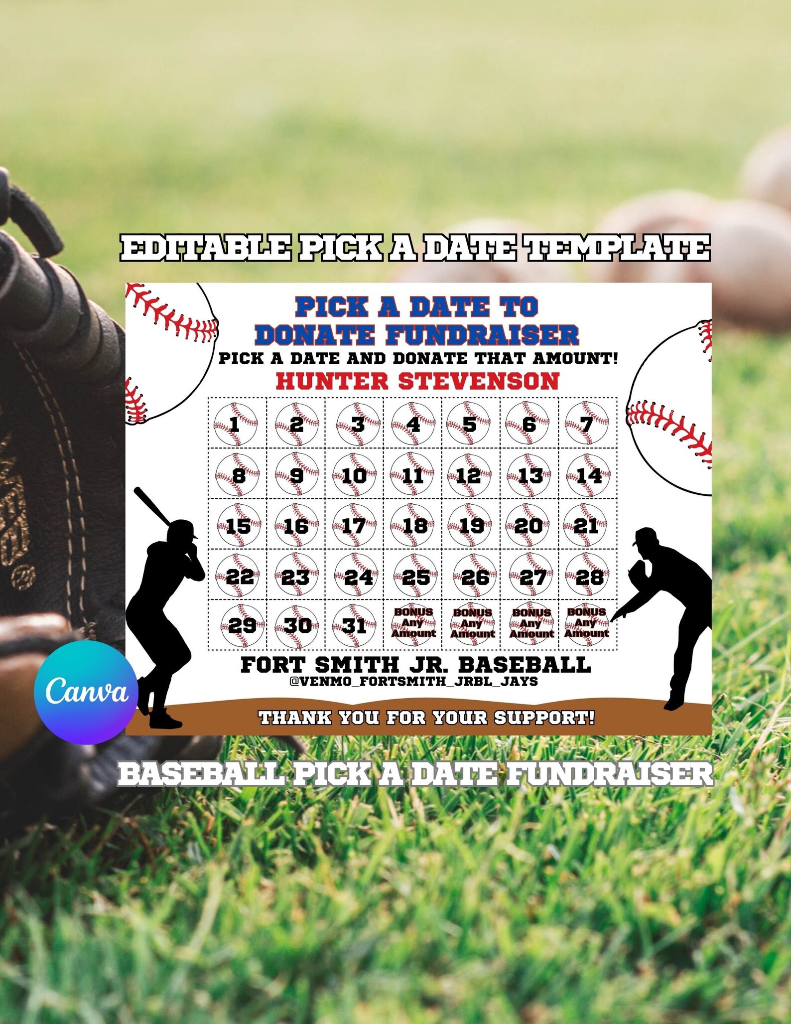 Editable Baseball Calendar Fundraiser, Pick a Date Printable (canva ...