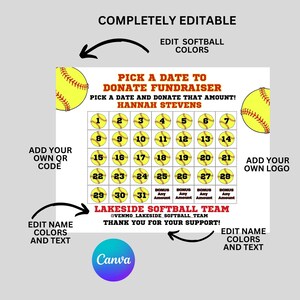 Editable Softball Calendar Fundraiser, Pick a Date to Donate Printable ...