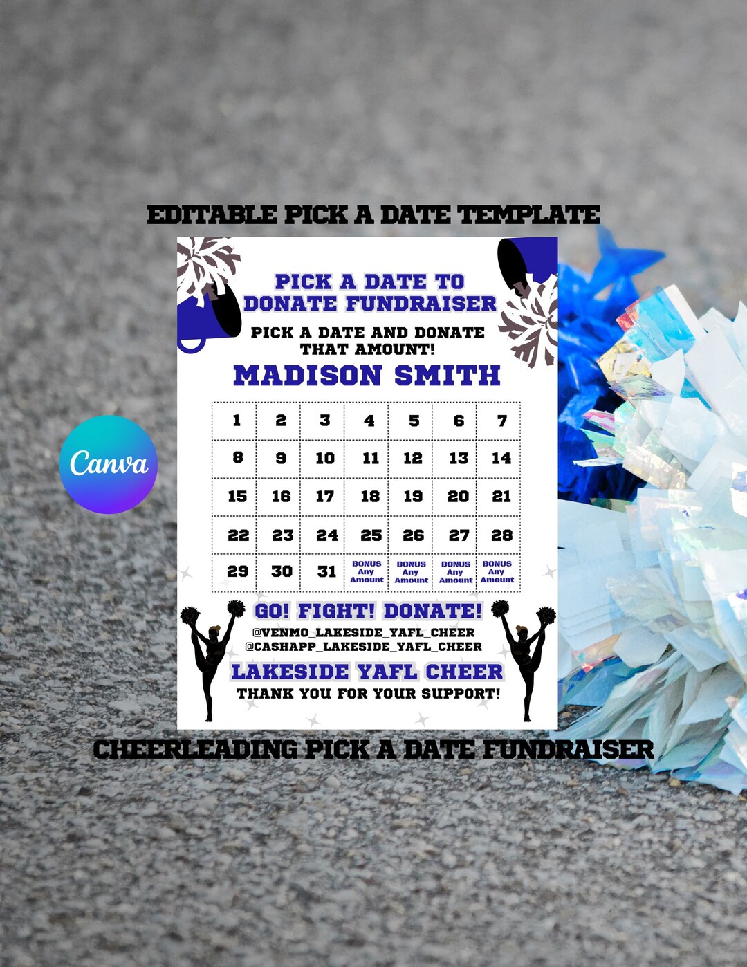 Editable Cheerleading Calendar Fundraiser, Pick a Date to Donate ...