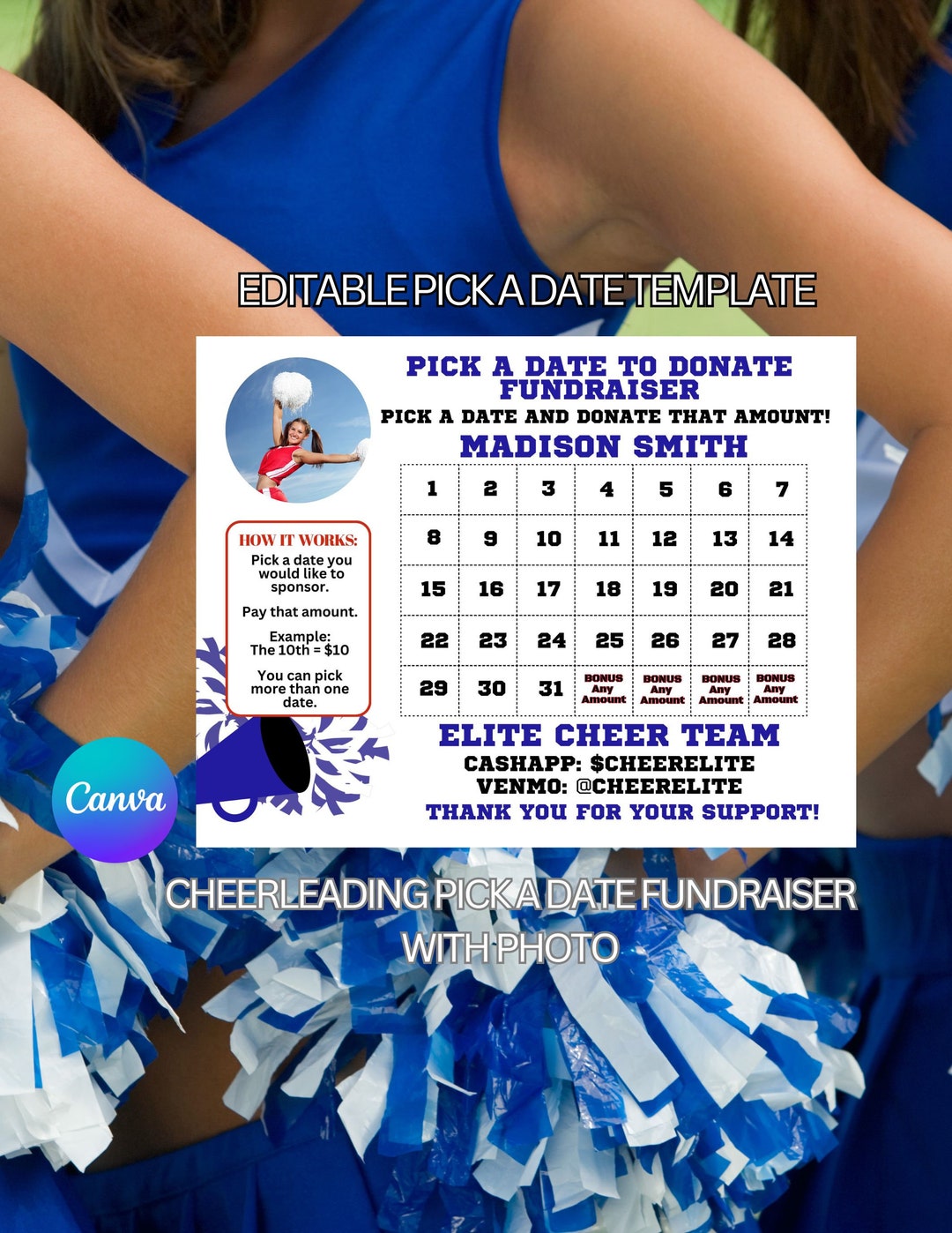 Editable Cheerleading Calendar Fundraiser, Pick a Date to Donate ...