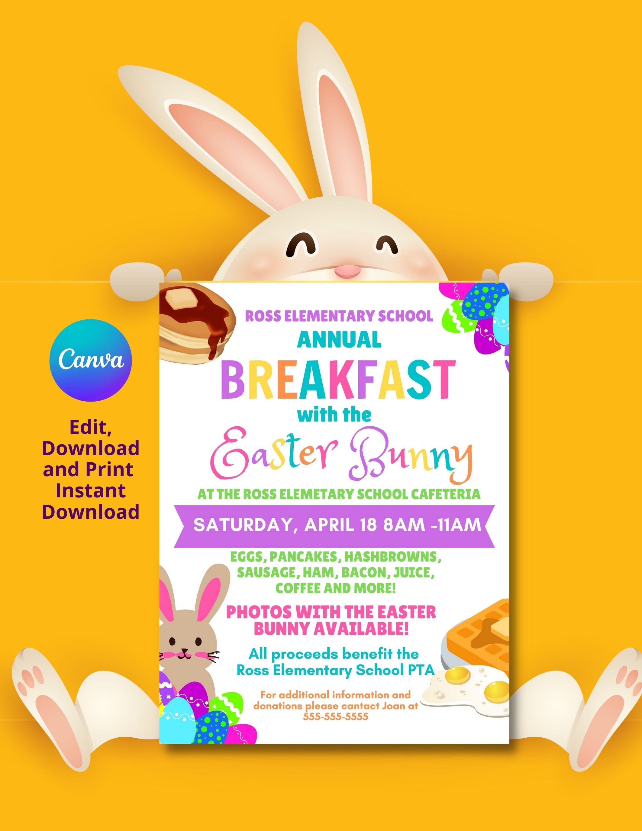 Editable Easter Bunny Breakfast Flyer Template, Church, School (digital ...