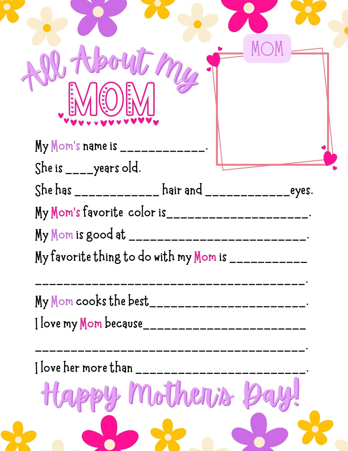 All About Mom, Mothers Day Gift, All About My Mom Printable, Mothers ...