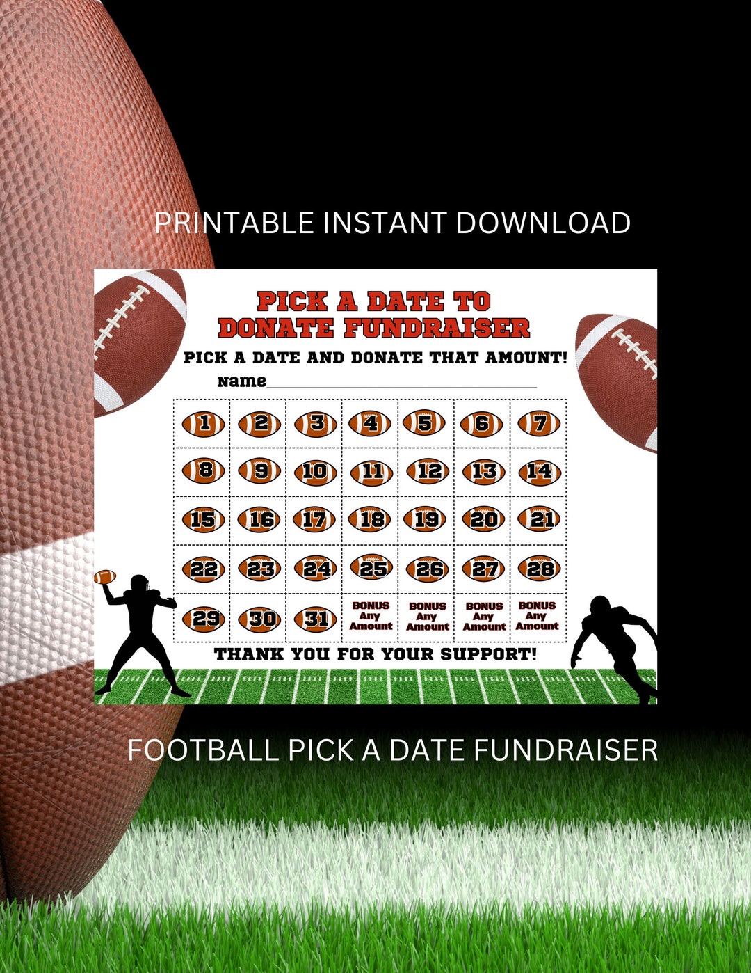 Football Calendar Fundraiser, Pick a Date to Donate Printable, Football ...