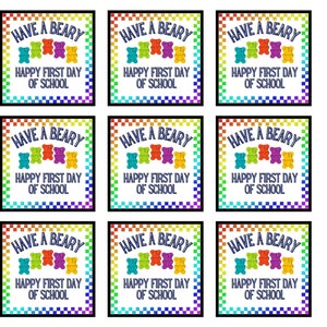 First Day of School Tags, Printable Gummy Bear Tags, Back to School ...