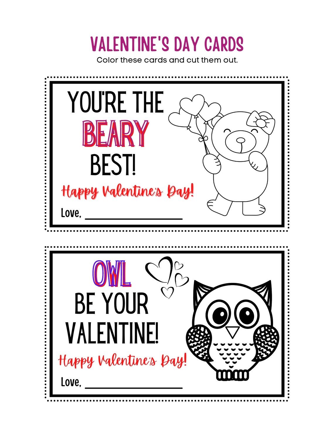 Valentine Cards for Kids Printable Color Me Cards Kids - Etsy