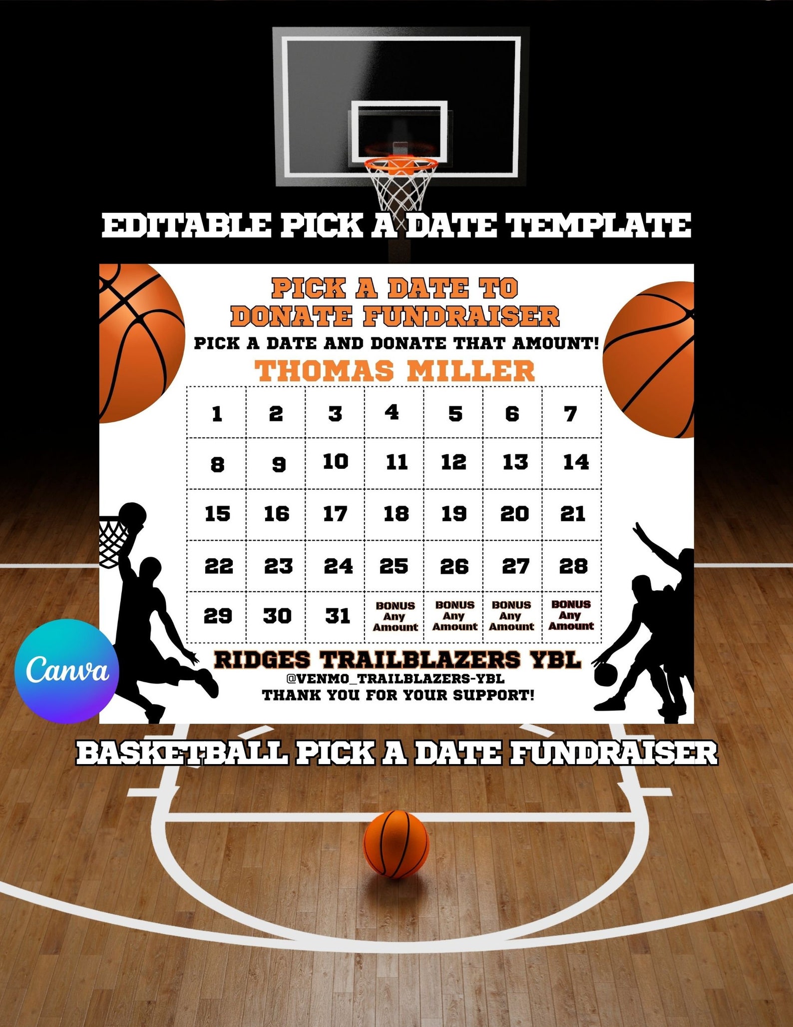 Editable Basketball Calendar Fundraiser, Pick a Date Printable (canva ...