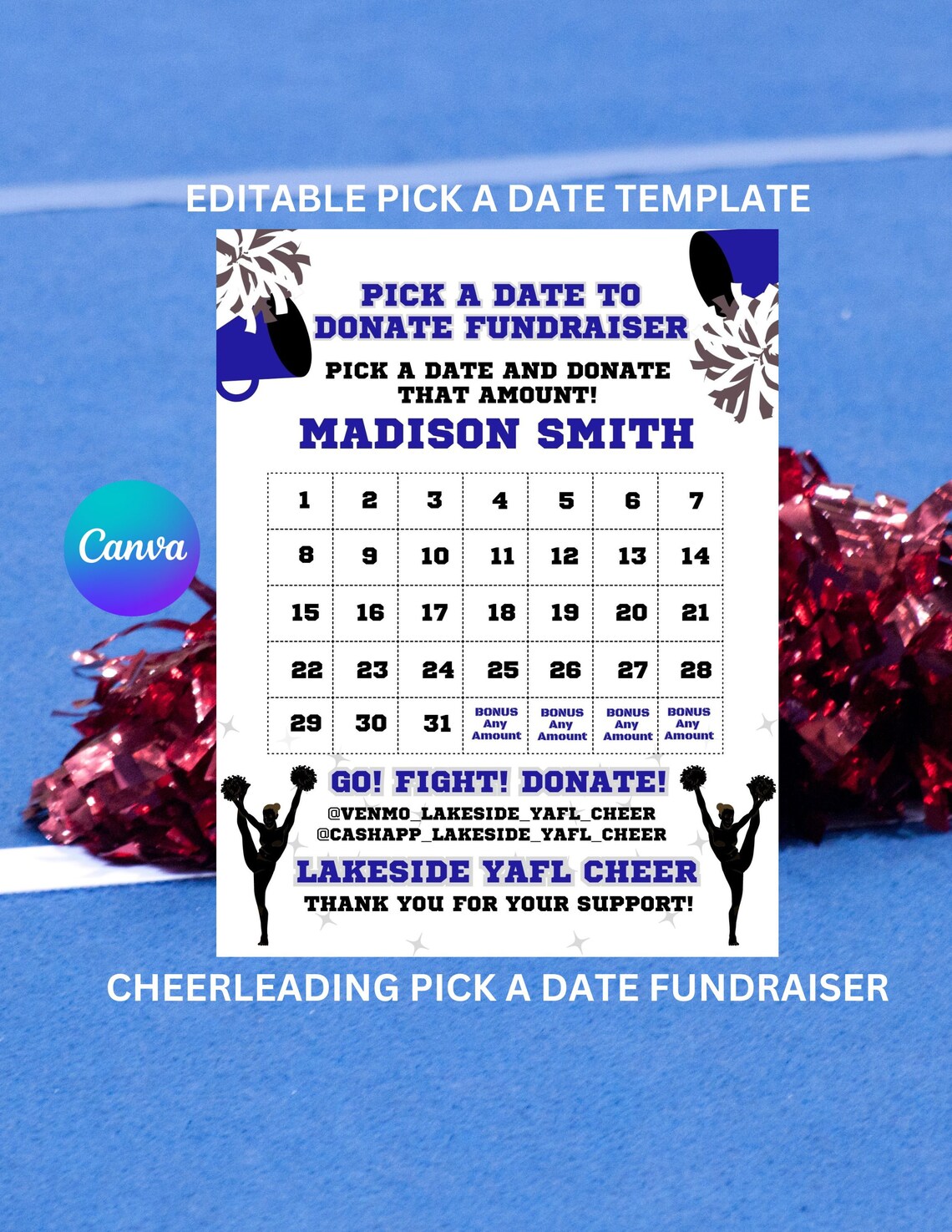 Editable Cheerleading Calendar Fundraiser, Pick a Date Printable ...