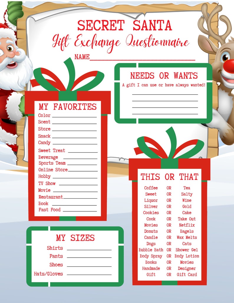 Secret Santa Questionnaire Printable, Gift Exchange Form, Tags (digital ...