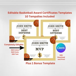 Basketball Award Certificate, End of Season Basketball Award, Editable ...