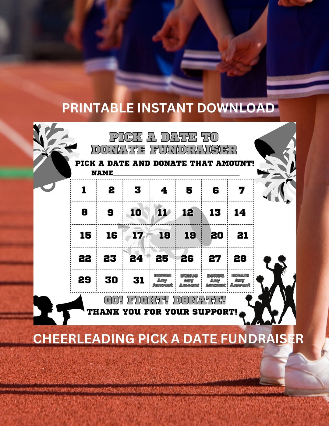 Cheerleading Calendar Fundraiser, Pick a Date to Donate Printable ...