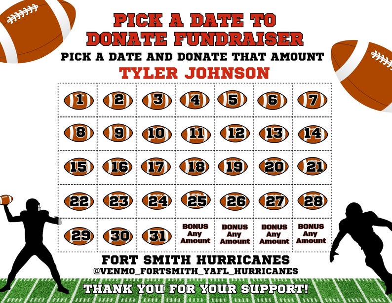 Editable Football Calendar Fundraiser Pick a Date to Donate - Etsy