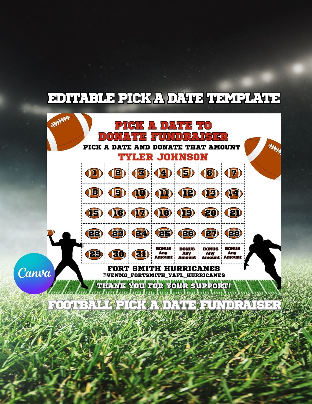 Editable Football Calendar Fundraiser, Pick a Date to Donate Printable ...