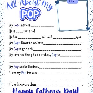 All About Pop, Fathers Day Gift, All About My Pop Printable, Fathers ...
