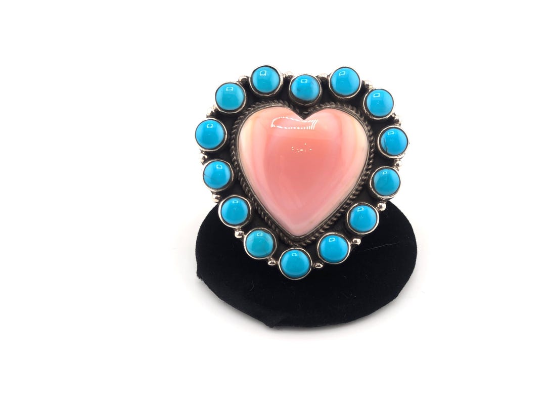 Navajo Large Pink Heart Conch Shell & Turquoise Adjustable Ring ...