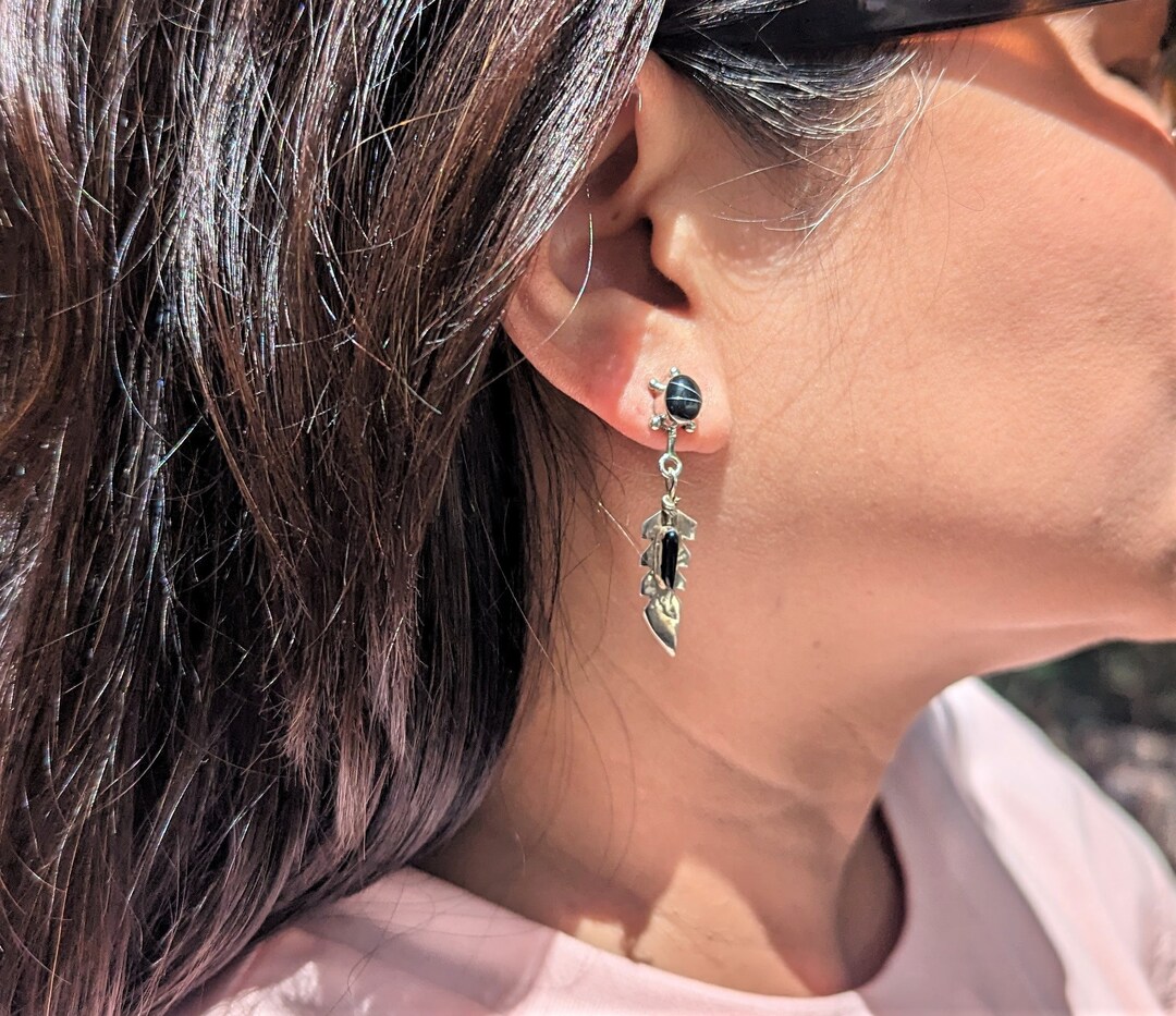 Native American Mini Turtle Inlay Feather Dangle Earrings Zuni Sterling ...