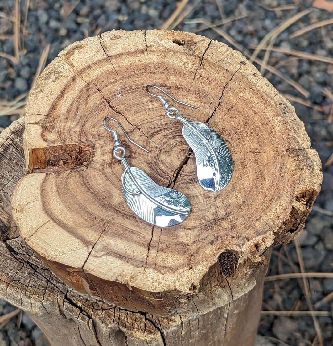 Navajo Dangle Feather Earrings Native American Handmade Jewelry Signed ...