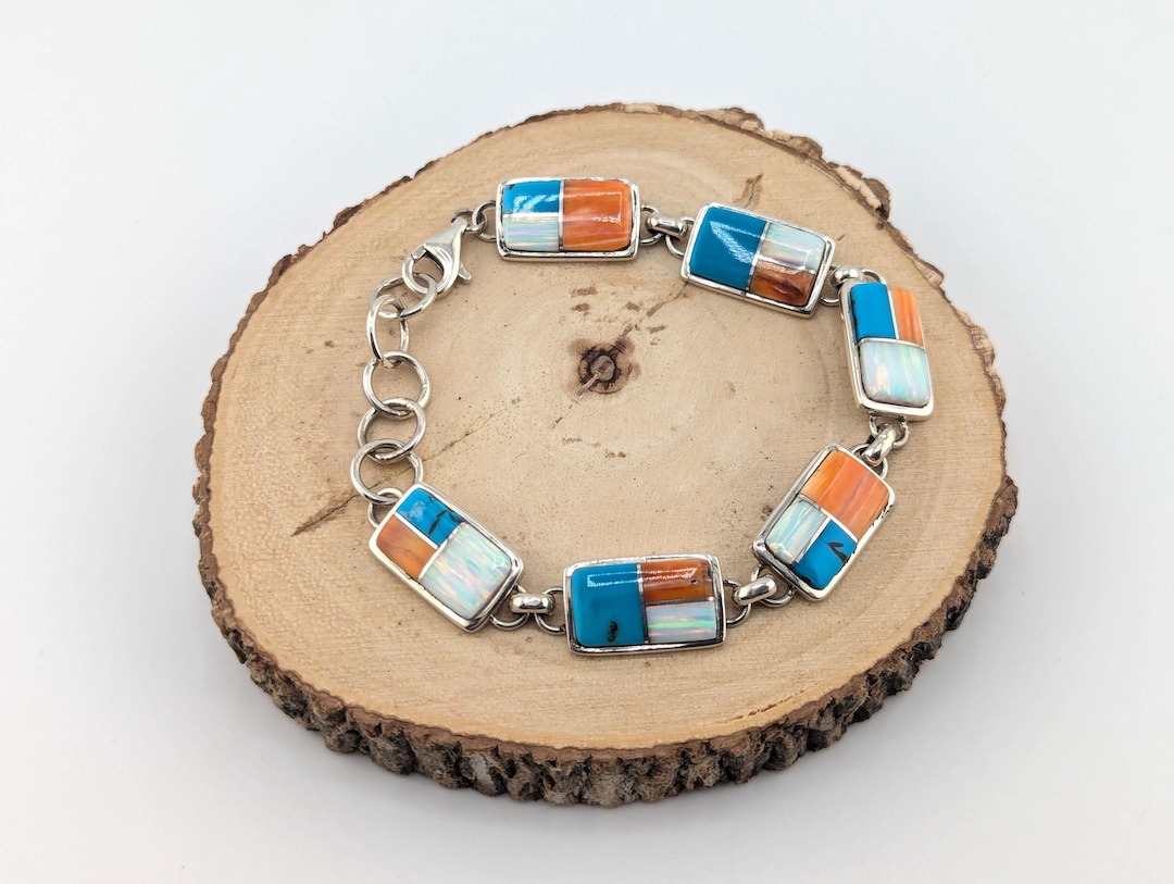 Native American Navajo Multi Stones Link Bracelet: Sterling Silver ...