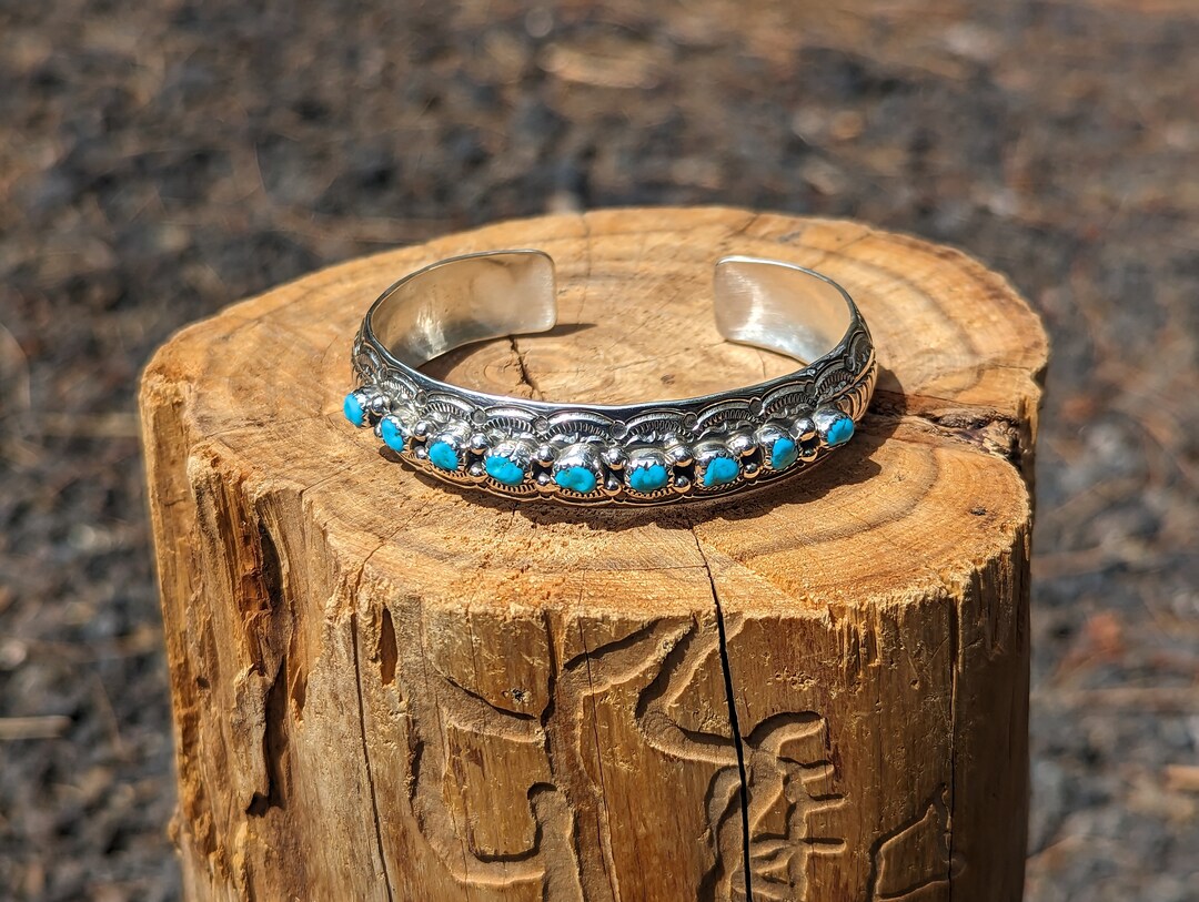 Navajo Cuff Kingman Turquoise Dots Sterling Silver Signed Native ...