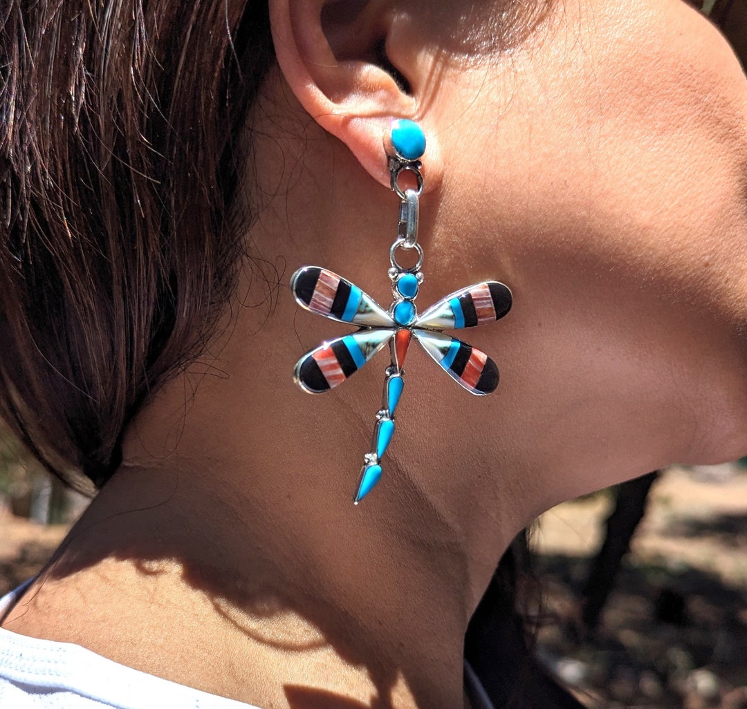 Handcrafted Native American Dragonfly Dangle Earrings: Authentic Zuni ...