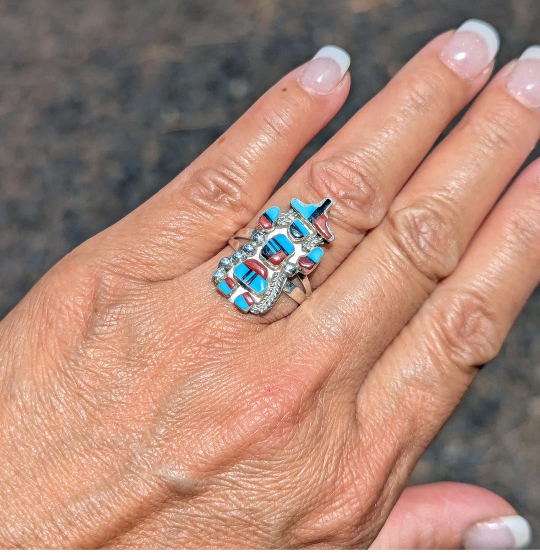 Zuni Rings Sterling Silver Kachina Inlay Native American Jewelry Signed ...